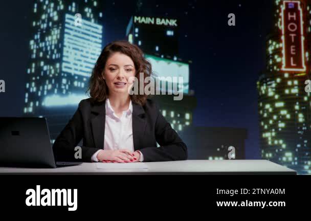 Woman presenter hosting night talk show in newsroom, covering all daily ...