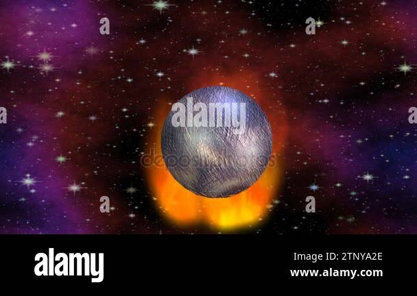 Sci-fi video, metal planet destruction in fire on cosmos background ...