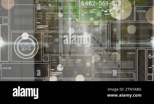 Animation Of Interface With Data Processing And White Glowing Spots Against Computer Server Room