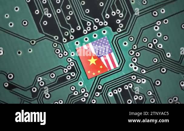 Flag of USA and China on a microprocessor, CPU or GPU microchip on a ...