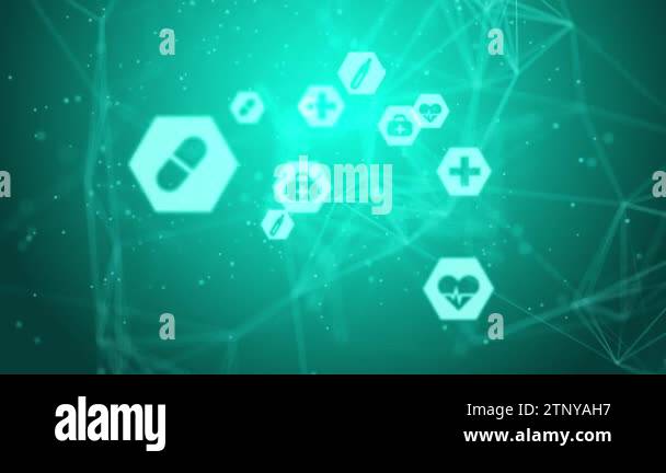 Green medical background with healthcare icons and plexus lines. Small ...