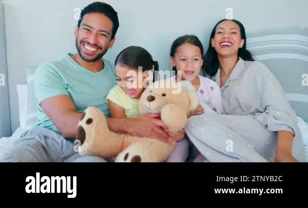 Bed, happy family and portrait of parents with love for children and ...