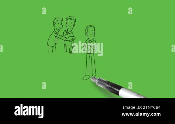 draw group of five person men and woman stand in different pasture hold ...