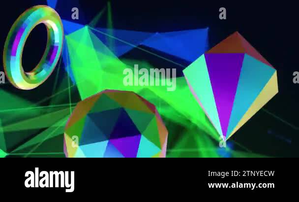 Animation of 3d multicoloured shapes over neon connections on black ...