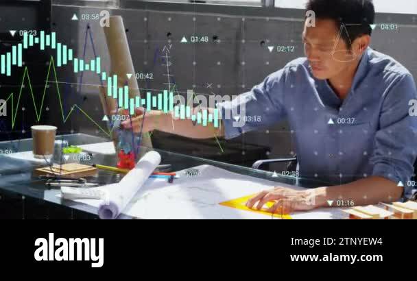 Animation of graphs, mathematical equations, asian architect using ...