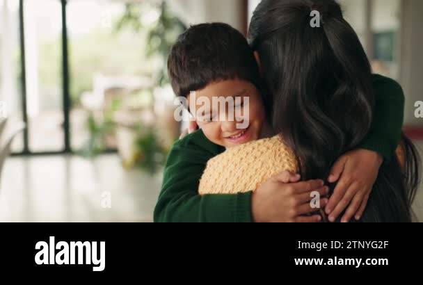 School, greeting and mother hug child in home ready for education ...