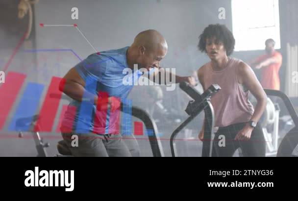 Animation of graph processing data over diverse female trainer and man ...