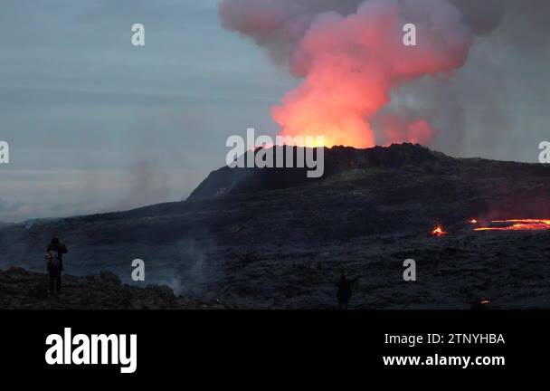 Iceland. Volcano eruption. Wonders of nature. Red hot burning lava ...