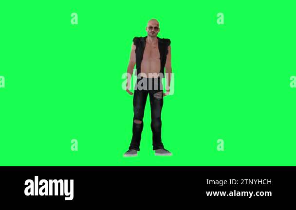 Criminal man and drug addict gangster with athletic body in green ...