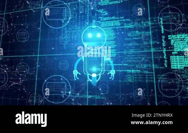 Animation of ai chatbot icon and data processing. Global artificial intelligence, connections ...