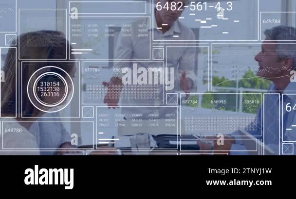 Animation of changing numbers, graphs, loading circles and bars, caucasian coworkers sharing ...