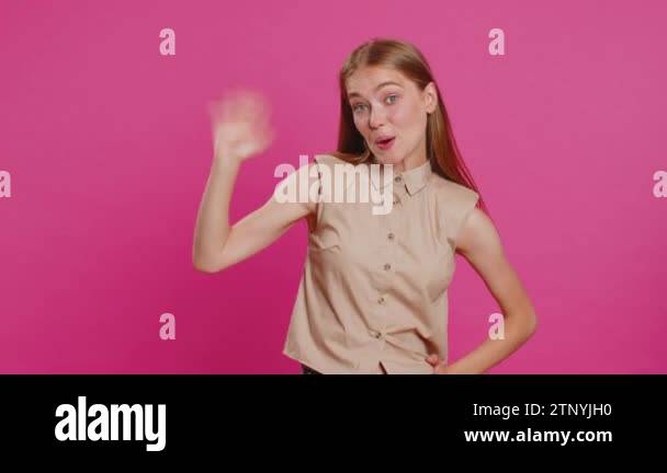 Come here, join us. Welcome. Blonde attractive woman showing inviting ...