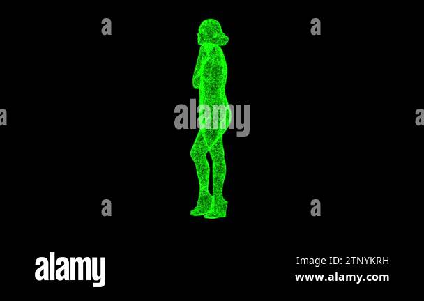3D Woman in modest pose rotates on black background. Purity and ...