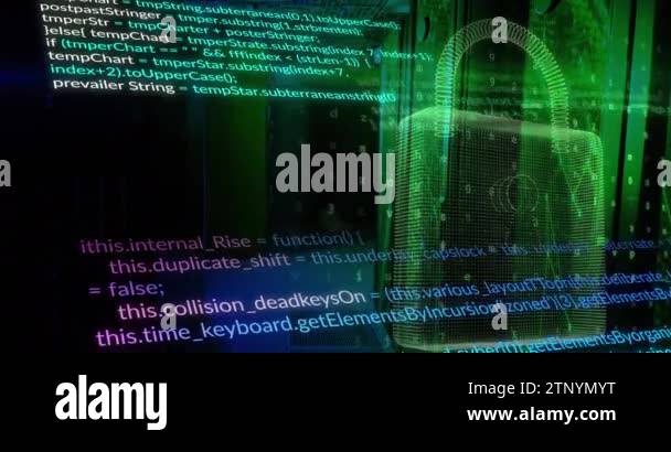Animation Of Computer Language Padlock Letters Numbers Symbols And Numbers Over Server Room