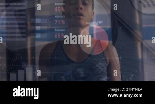 Animation of infographic interface, biracial female woman closing eyes and taking deep breath ...