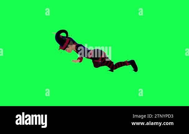 3D animated elf in red blue suit falling from building at right angle ...