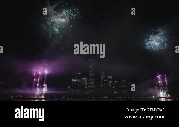 New York City Skyline Manhattan with Flashing Fireworks. New York Manhattan fireworks. New York ...