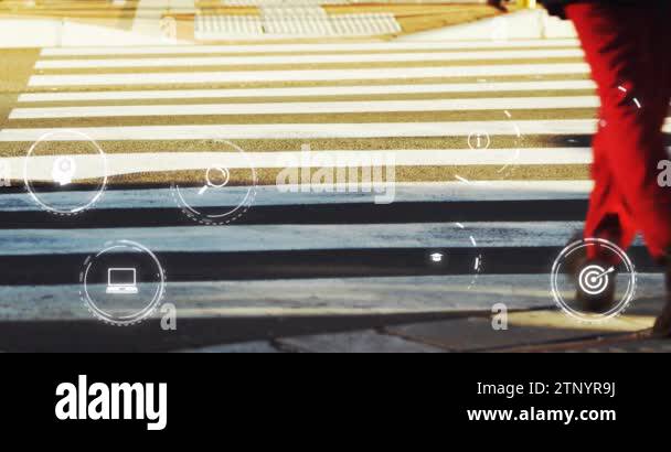Animation of multiple digital icons against low section of man crossing ...
