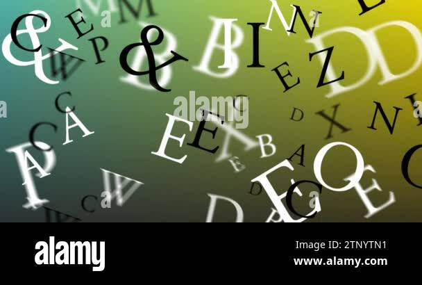 Animation of english alphabets floating against yellow and green ...