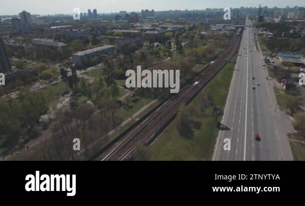Subway train, aerial. Subway cars arrive on the platform. The subway ...
