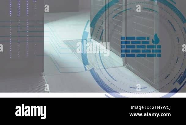 Animation of firewall icon in loading circles over illuminated server ...