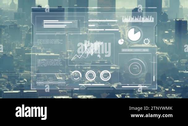 Animation of graphs, map, loading circles and bars over aerial view of cityscape. Digital ...