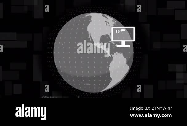 Animation of icons, rotating globe and computer language over black background. Digitally ...