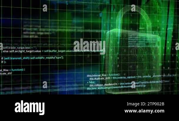 Animation of padlock, computer language, letters, numbers and padlock over server room. Digital ...