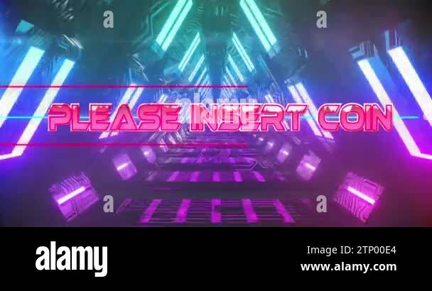 Animation of please insert coin text over looping triangular tunnel in background. Digitally ...