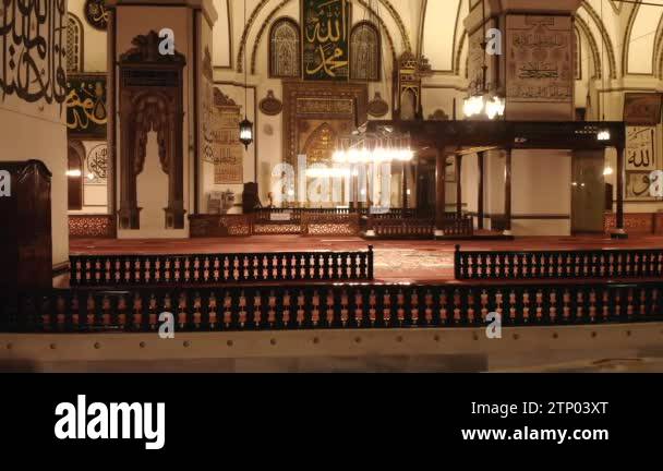 Interior of giant historic great mosque.Minaret masjid mystical god ...