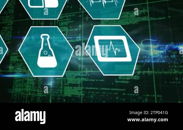 Animation of multiple medical icons and blue glowing digital wave ...