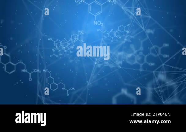 Blue scientific background with chemical molecular formulas and plexus ...