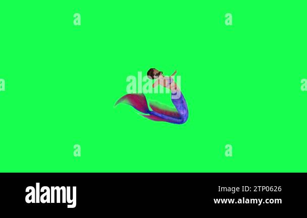 Beautiful red blue magical mermaid frolicking from left angle on green ...