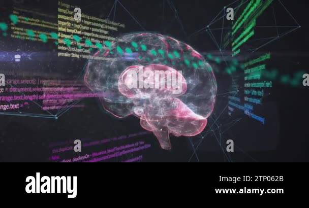 Animation of human brain, computer language and connected dots over ...