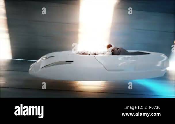 futuristic flying car with woman fast driving in sci fi tunnel, coridor ...