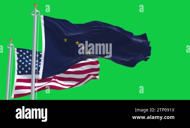 Alaska state flag waving with the national flag of the United States ...
