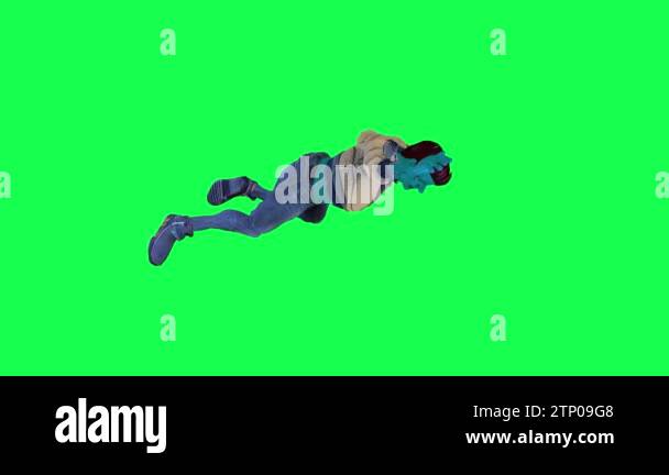 Blue 3D animated man in white and blue suit falling from height on ...