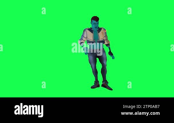 Blue animated man dancing in carnival from opposite angle on green ...