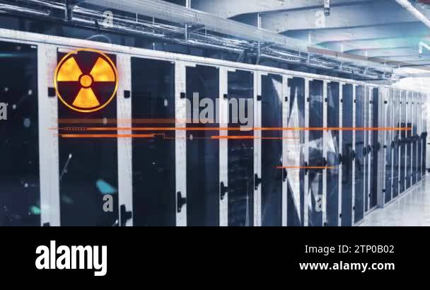 Animation of warning text banner with radioactive symbol against computer server room. Cyber ...
