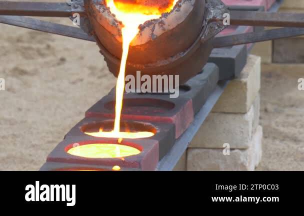 Iron Molding Process. Workers Are Pouring Molten Metal Carefully and ...