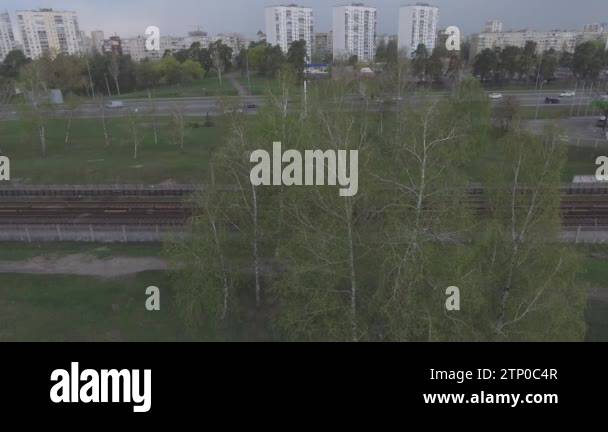 Subway train, aerial. Subway cars arrive on the platform. The subway ...