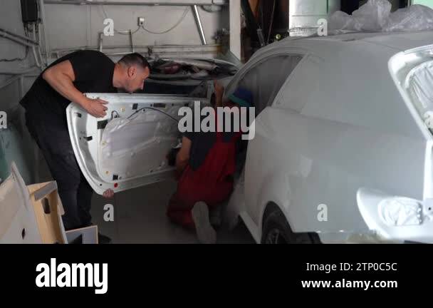 Kyiv, Ukraine - August 12, 2023: Paint shop at the car service station ...