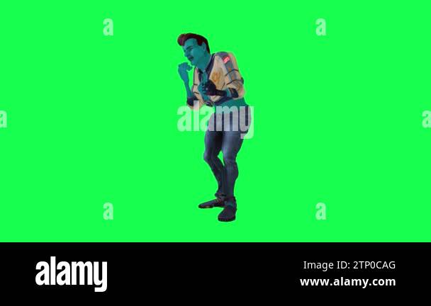 Kind blue 3D animated man gets punched from opposite angle on green ...