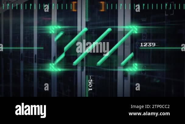 Animation of lines in viewfinder with changing numbers over data server racks. Digital composite ...