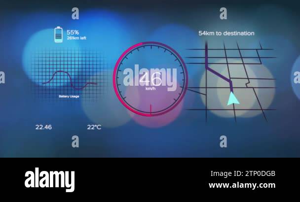 Animation of changing numbers in circles, navigation pattern, graphs over lens flare. Digital ...