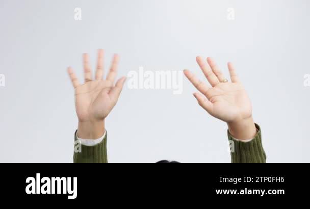 Hands, wave and sign for hello, goodbye or friendly greeting on white ...