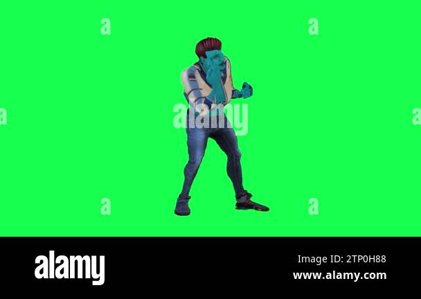 Kind blue 3D animated man gets punched from left angle on green screen ...