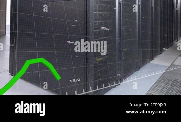 Animation of graph with changing numbers over illuminated data server racks in server room ...
