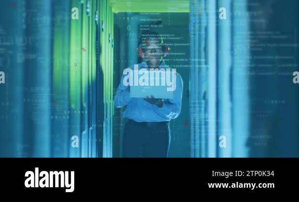 Animation Of Computer Language Binary Codes African American Male Engineer Checking Server 1252