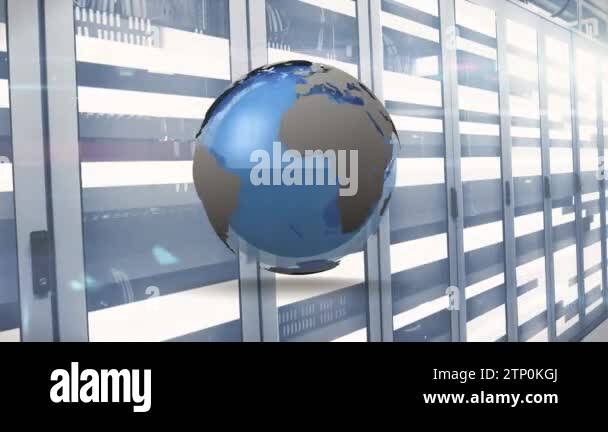 Animation of airplane icons moving over spinning globe and light trails ...